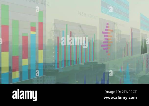 Animation of multiple graphs moving over silhouette buildings and ...