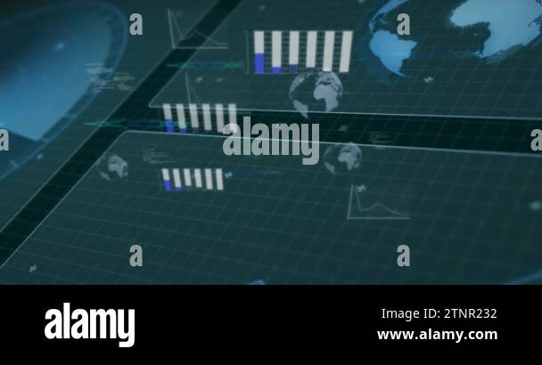 Animation of hud screens with graphs, globe, computer language on grid pattern. Hologram ...