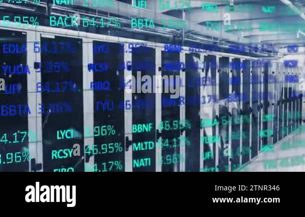 Animation of trading board and connected dots forming geometric shapes over server room. Digital ...