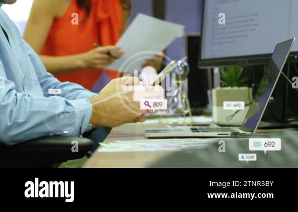 Animation of connected people icons, notification icons, hands of caucasian businessman using ...