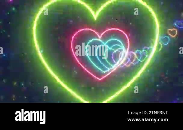 Zoom Fast Through Multicolored Bright Neon Glow Heart Tunnel In Space ...