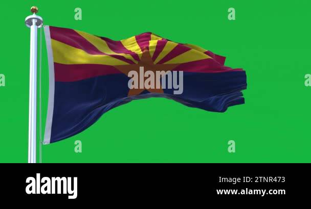 The flag of Arizona waving isolated on a green background. Copper star ...
