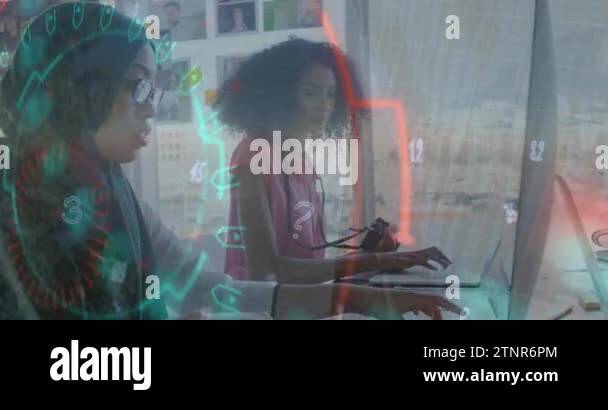 Animation of graphs, symbols, computer language, diverse female ...