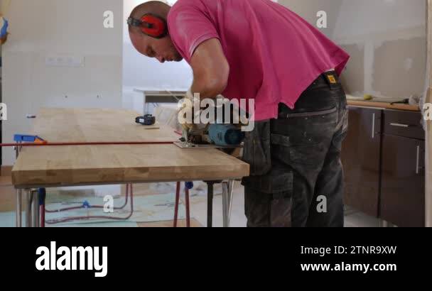 Cinematic shots of woodwork in old house. Wood cutting process in ...