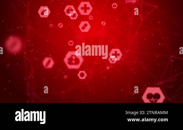 Red medical background with healthcare icons and plexus lines. Small ...