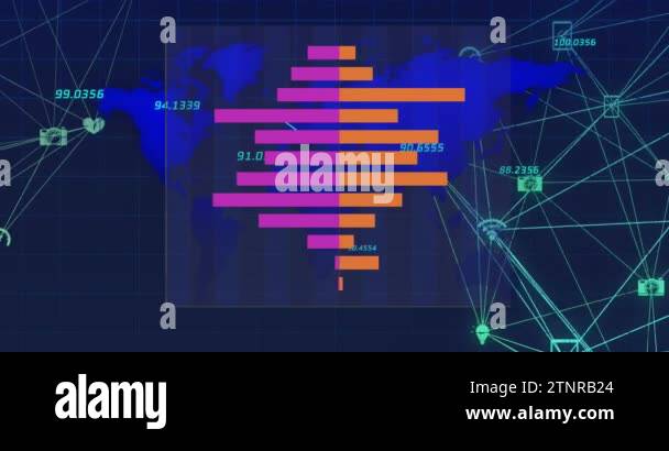 Animation of graphs, numbers, connected icons forming globe and map ...