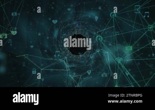 Animation of connected icons forming globes over connected dots tunnel ...