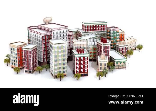 Camera fly around growing city, 4K animation with lots of periodic ...