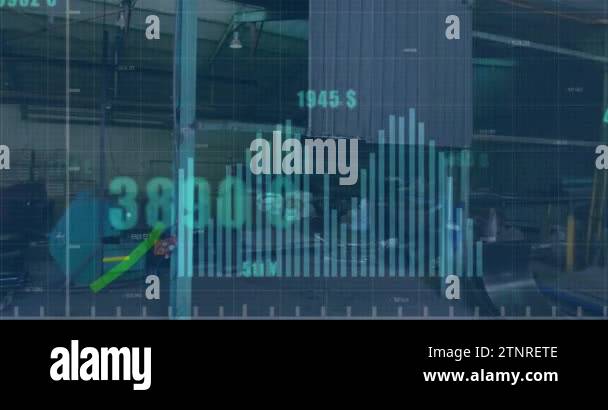 Animation of graphs, changing numbers, aerial view of warehouse of ...