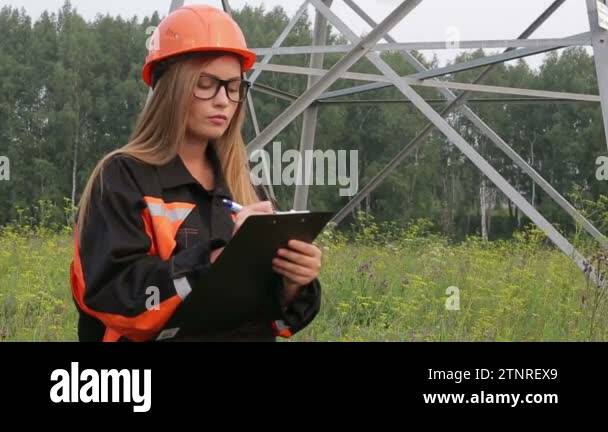 Woman engineer working near an electrical substation lines, power lines ...