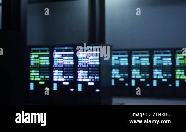 Dolly Out Shot Of Operational Server Rows In Computer Network Security Data Center