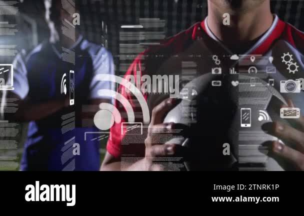 Animation of computer icons and programming language over diverse male ...