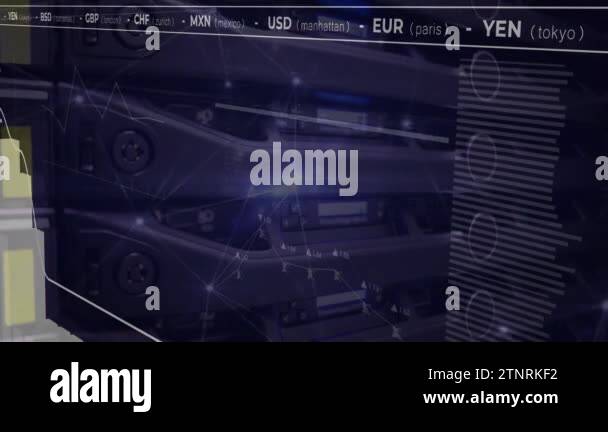 Animation of multiple graphs and currency signs over audio equipment ...