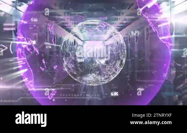 Animation of connected dots, globes, symbols and bars over server room ...