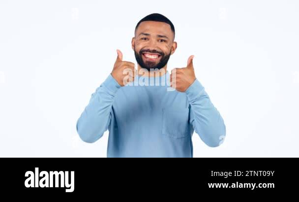 Happy man, hands and thumbs up in approval, agreement or positive ...