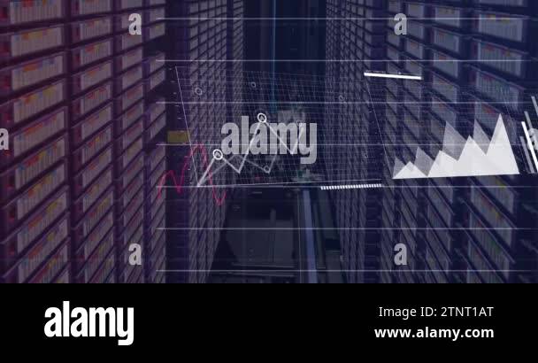 Animation of multiple graphs moving over data server racks. Digital composite, infographic ...