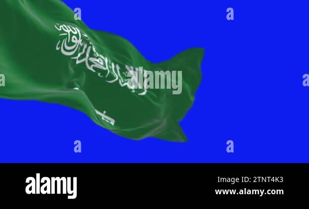 Saudi Arabia national flag waving isolated on a blue background. Green ...