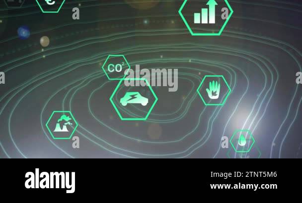 Animation of renewable energy icons with lens flare over wave patterns ...