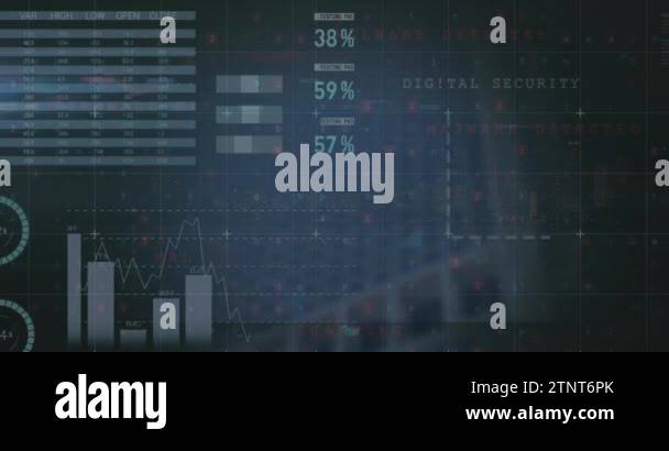 Animation of infographic interface over multiple texts, letters, symbols and numbers. Digitally ...