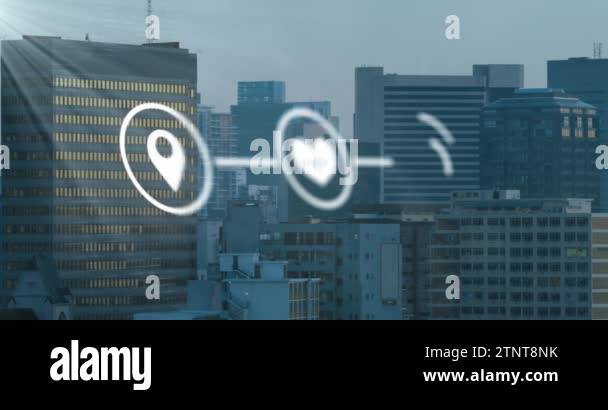 Animation of speedometer, gps, heart pulse icons forming flowchart over ...