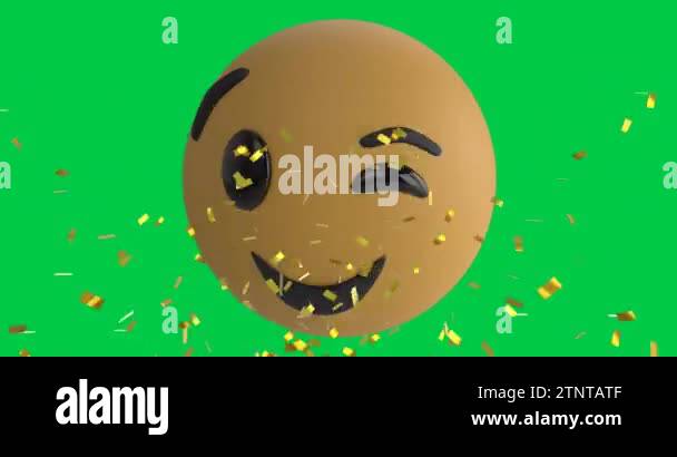 Animation of confetti falling over winking emoji icon on green ...