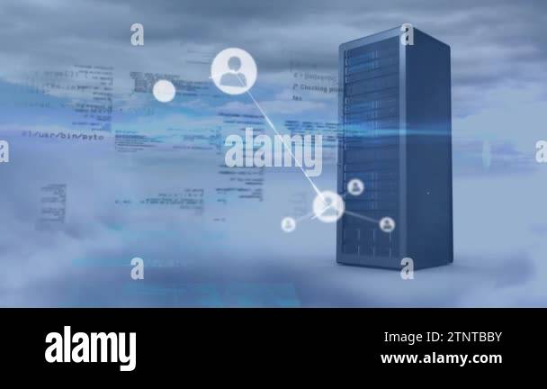 Animation Of Connected Icons Over Computer Language And Data Server Rack Against Dense Clouds