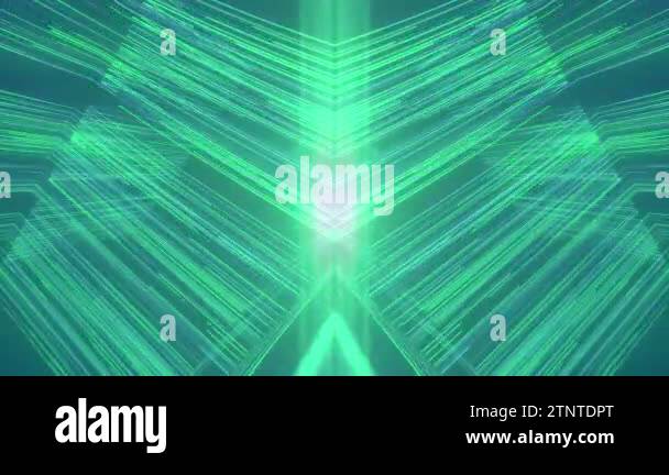 Futuristic symmetrical background with seamless loop animation of bright green neon light beams ...