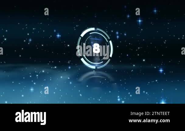 Animation of scope with countdown over glowing stars on black background. Global video game ...
