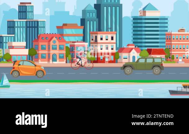 Flat Cartoon City Day Looped Animated - Business Center with Road ...