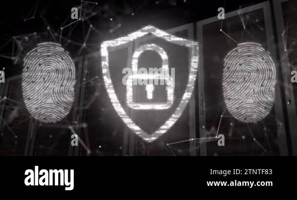Animation of fingerprints and padlock in shield over connected dots against server racks ...
