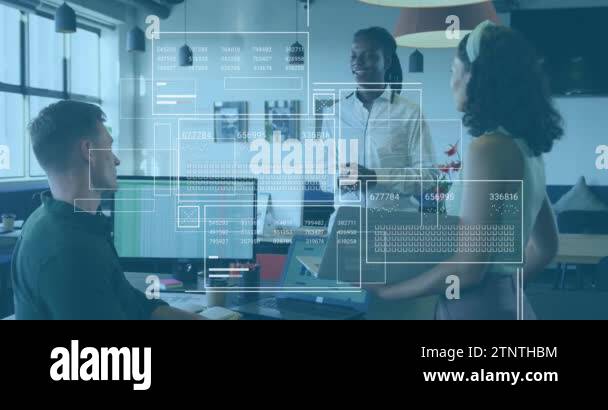Animation of screens with numbers and graphs over diverse coworkers ...