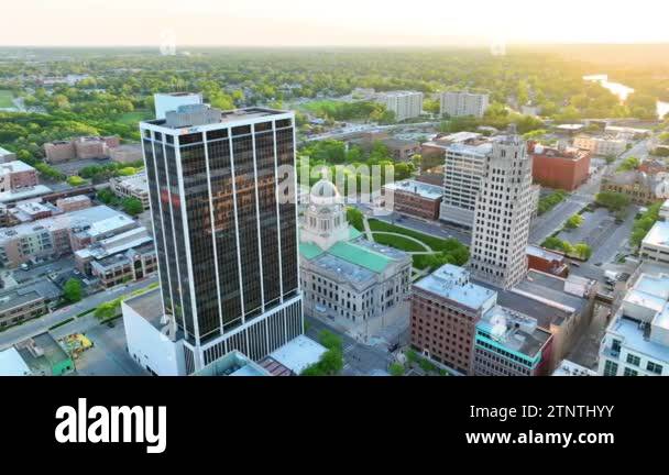 Video of Pan right aerial video of downtown Fort Wayne buildings with ...