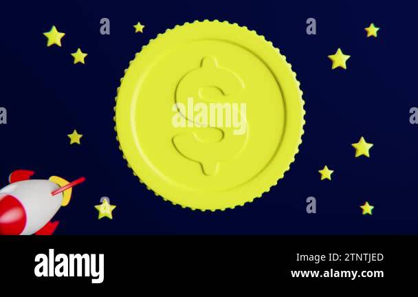 Rocket flying around coin in place of sun or moon. Concept of world ...
