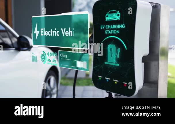 Electric car recharging in futuristic home charging station with smart digital EV battery status ...