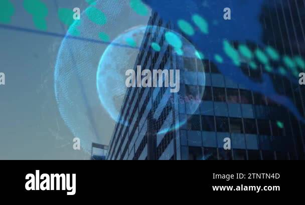 Animation of data processing over spinning globe and world map against tall building. Global ...
