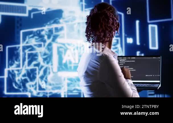 Inspector Overseeing Data Center Updating Ai Systems Writing Intricate Binary Code Scripts On