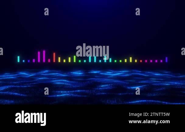 Bright glowing animation of an equalizer with Sound waves of particles. Visualization of ...