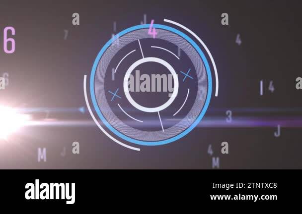 Animation of round scanner over light spot, changing numbers and symbols against black ...