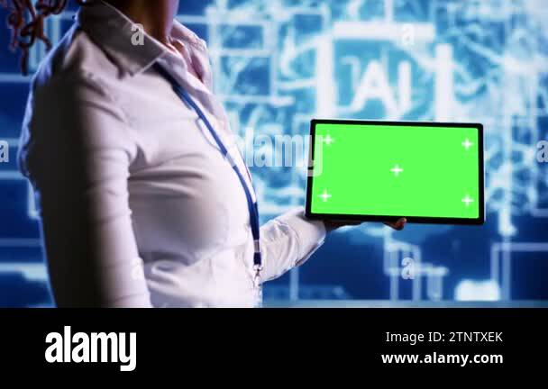 Admin In Data Center With Chroma Key Tablet Using Artificial Intelligence Computing Simulating