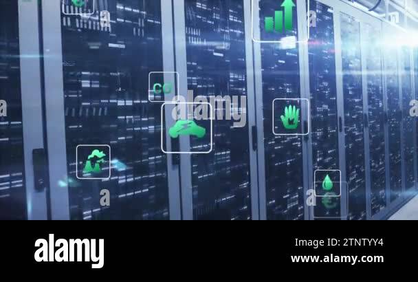 Animation of multiple icons over bars and lens flares over server room ...