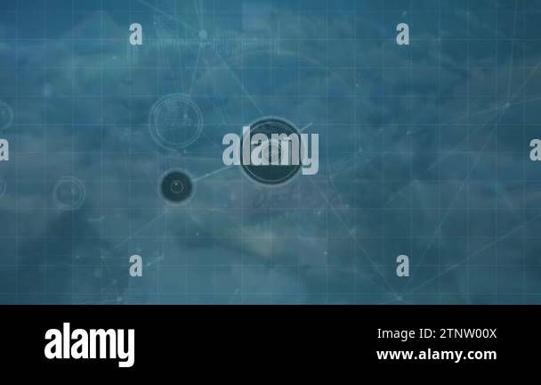 Animation of connected icons and connected dots over globe against dense clouds in background ...