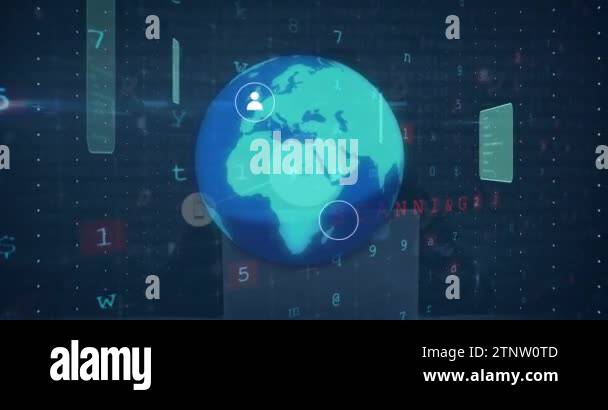 Animation of connected icons over globe, computer language, texts, letters, numbers and symbols ...