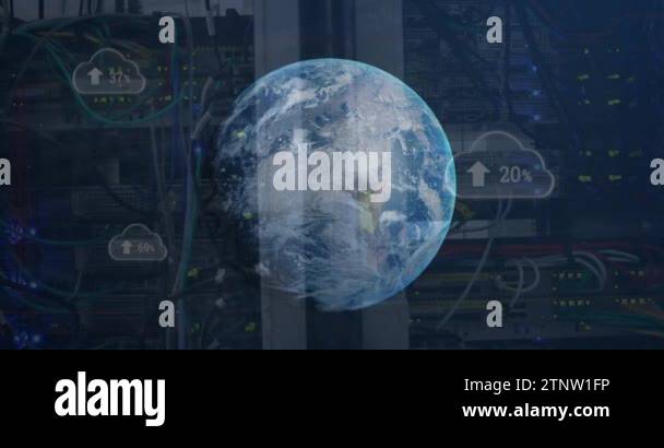 Animation of changing numbers and arrow in clouds and globe over back ...