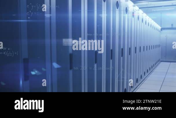 Animation of mathematical equations with symbols and codes over server room. Digital composite ...