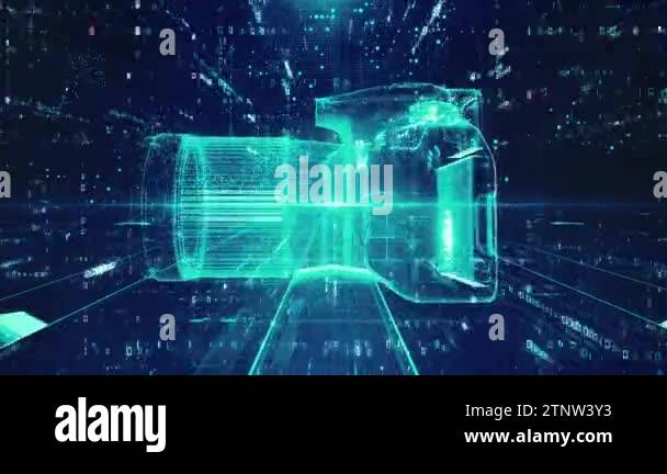 4k 3d camera wireframe with a digital code and grid in the background ...