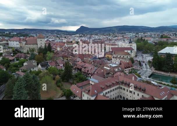 Annecy city center panoramic aerial view over the old town, castle ...
