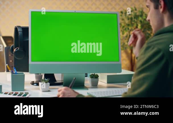 Designer working chromakey computer drawing tablet at office closeup ...