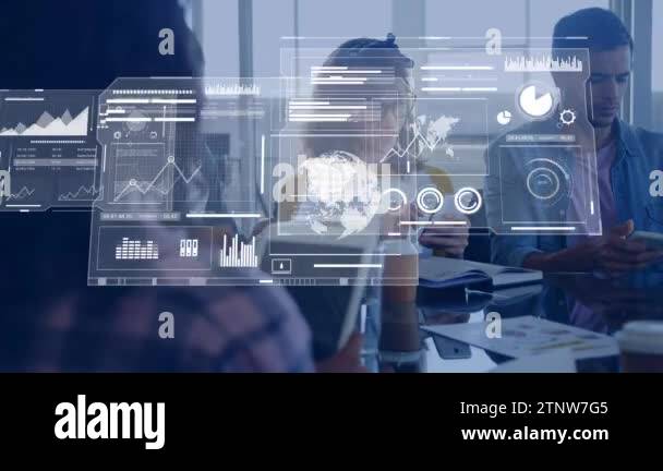 Animation of graphs, loading bars and circles, globe over diverse ...