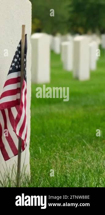 Field of American flags at Sunset. Flags on grave stones for memorial ...