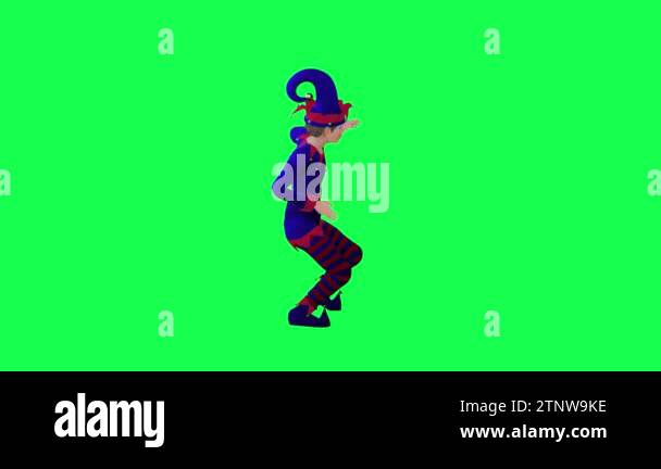 3D cartoon elf clown in red blue dress performing samba dance from left ...